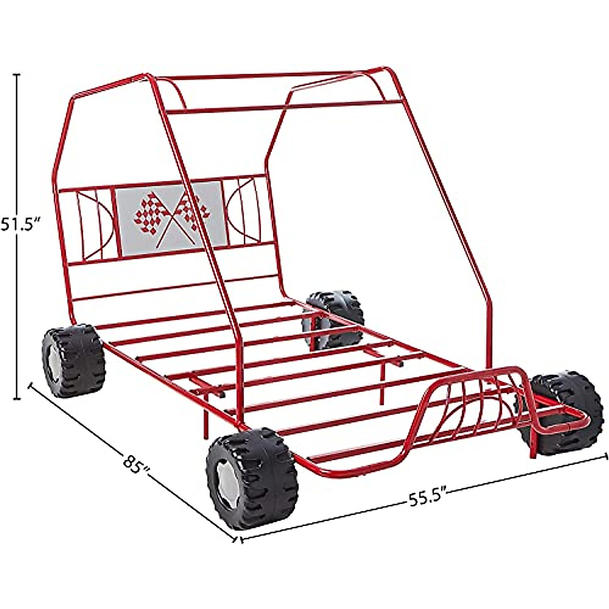 AOCHUANG Metal Twin Car Bed Gunmetal Go Kart Bed, Twin Size Bed Frame with A Racing Flag Decor Headboard/Metal Tube Slat Support/No Box Spring Needed (Red Go Kart)