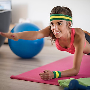 WILLBOND 3 Pcs Sweatbands Set 80s Neon Sports Headband Tennis Striped Sweat Band Paris Sports Competitions Sports Games for Men Women Kids Party Supplies(Green and Yellow,Striped Style)