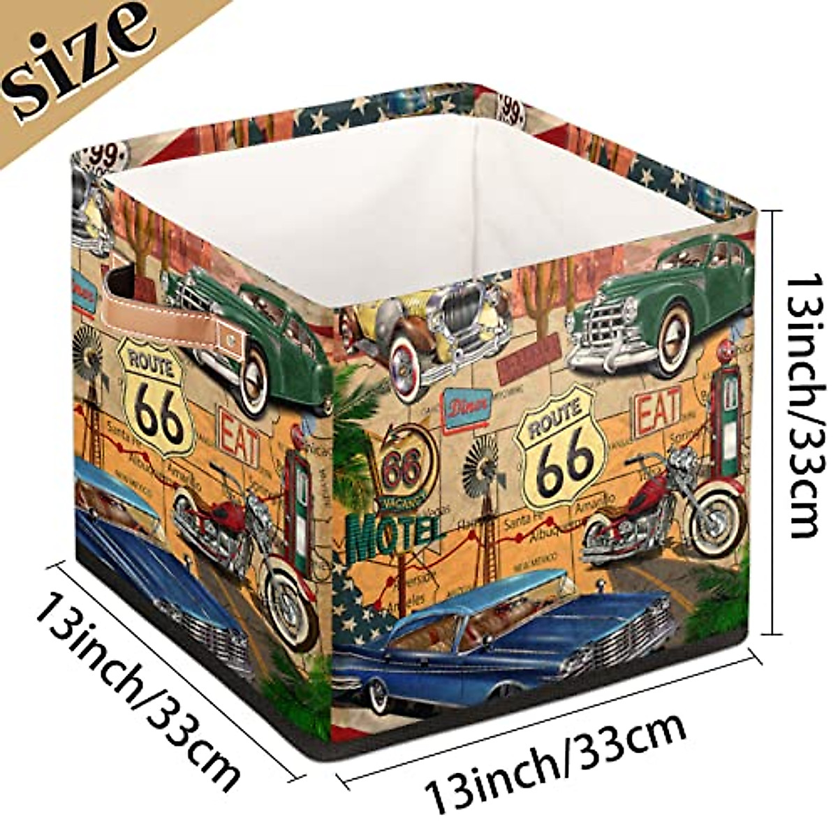 Repair Route 66 Retro Poster Cube Storage Bins 13 x 13 x 13 inch, Vintage Garage Fabric Organizer Bins Basket Boxes with PU Leather Handles Foldable Storage Cube for Clothes Bedroom Closet Shelves