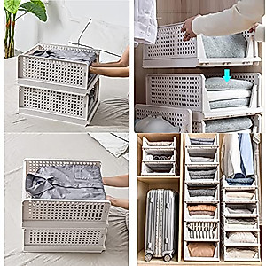 Okllen 3 Pack Stackable Storage Bins, Plastic Clothes Drawer Organizer Wardrobe Storage Box Shelf Basket, Foldable Sliding Bins for Cabinet, Laundry, Bedroom Closet, Office, White