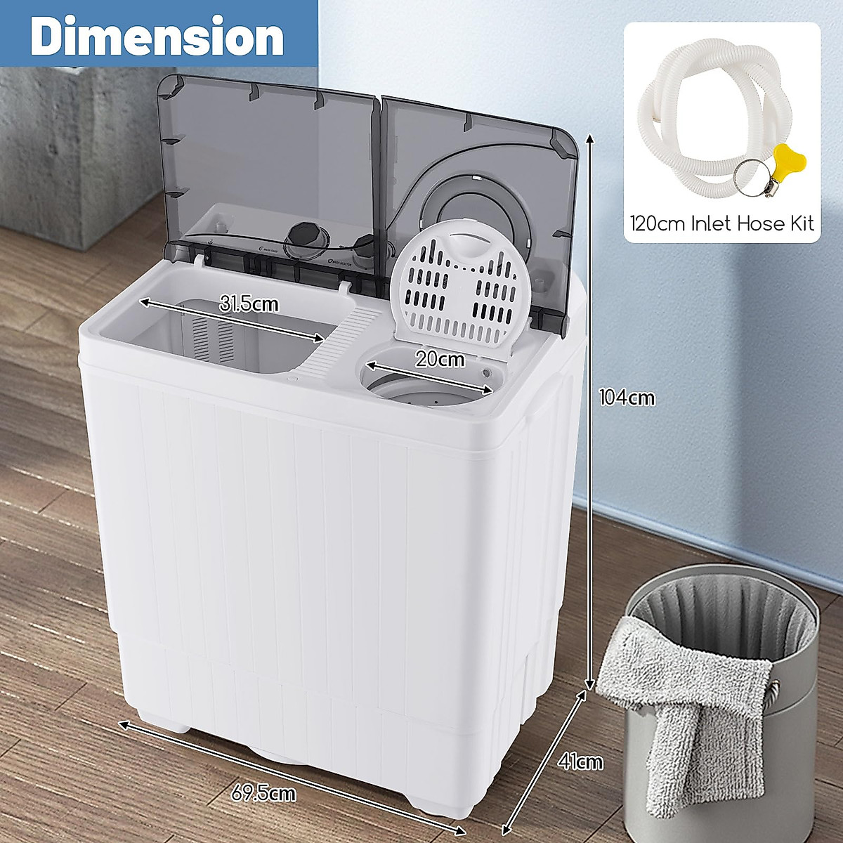 ARLIME Portable Washing Machine, 26 lbs Washer and Spinner Combo with Drain Pump,18 lbs Washing 8 lbs Spinning Twin Tub Mini Compact Laundry Washer for Dorms, Apartments, RVs (White+Gray)
