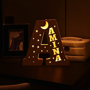 Name-Specific Wooden lamp Personalized Wood Letter Wall Light & Custom Sign Letters Wooden for Kids Room Wooden Children's Moon Stars Bedside lamp (Yellow)