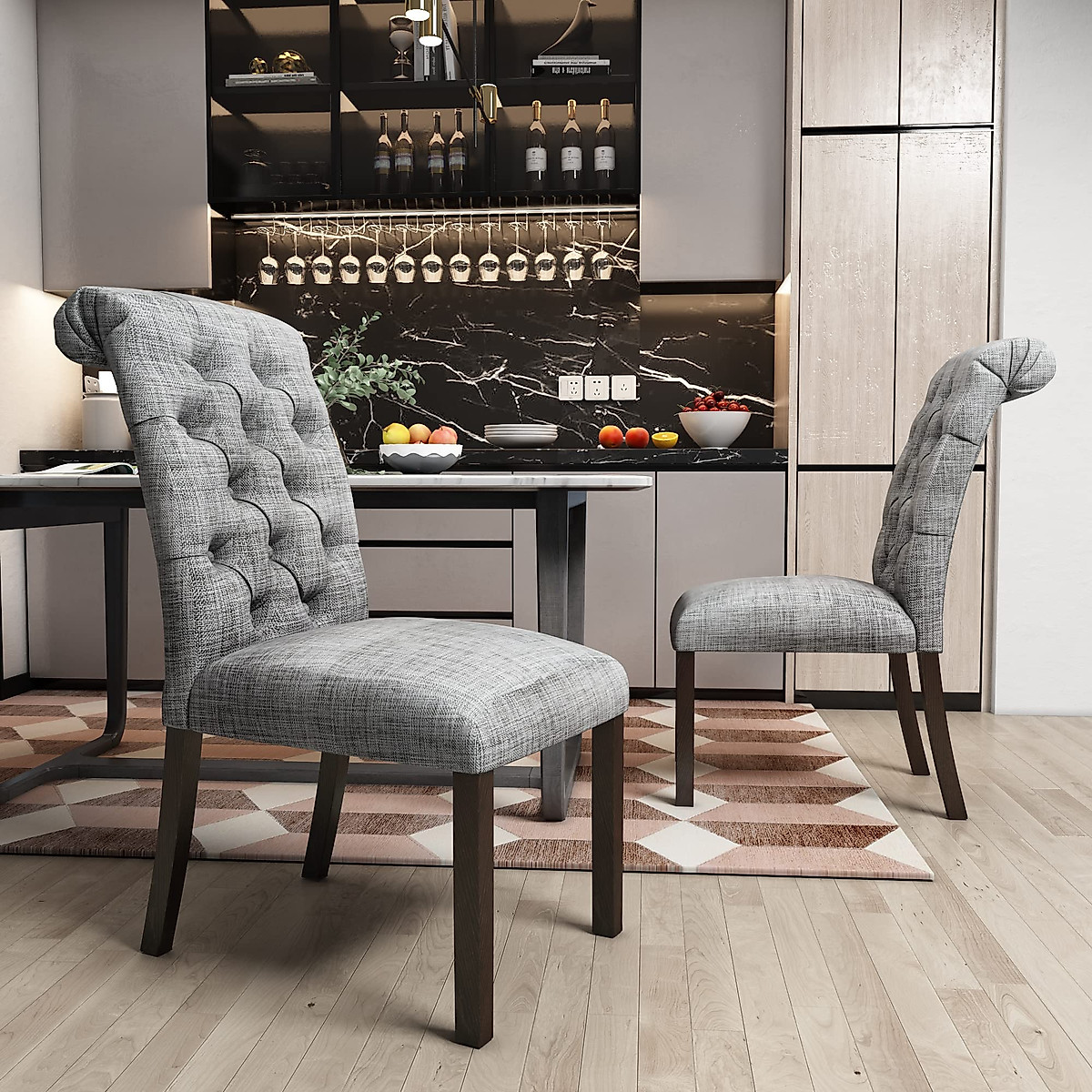 Augensternchen Dining Chair, Dining Room Upholstered Chair with Tufted Back and Solid Wood Legs, for Home Kitchen and Restaurant, Soft Beige Linen Material, Set of 2 (Gray)