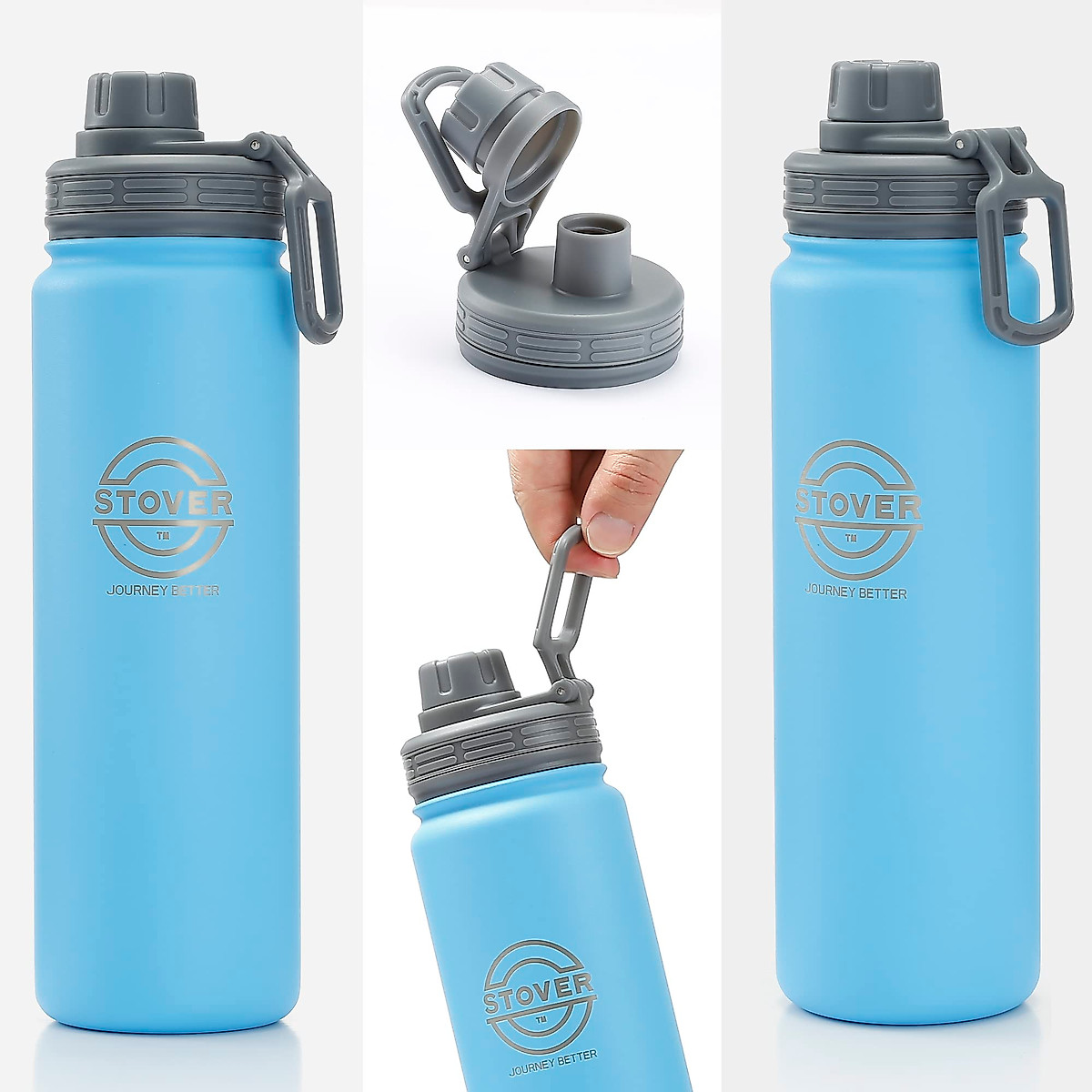 STOVER Insulated Water Bottle, 25oz Stainless Steel Double Wall Vacuum Wide Mouth Leakproof Spout Lid with Handle Ideal for Sports, Travel & Daily Use (Light Blue)