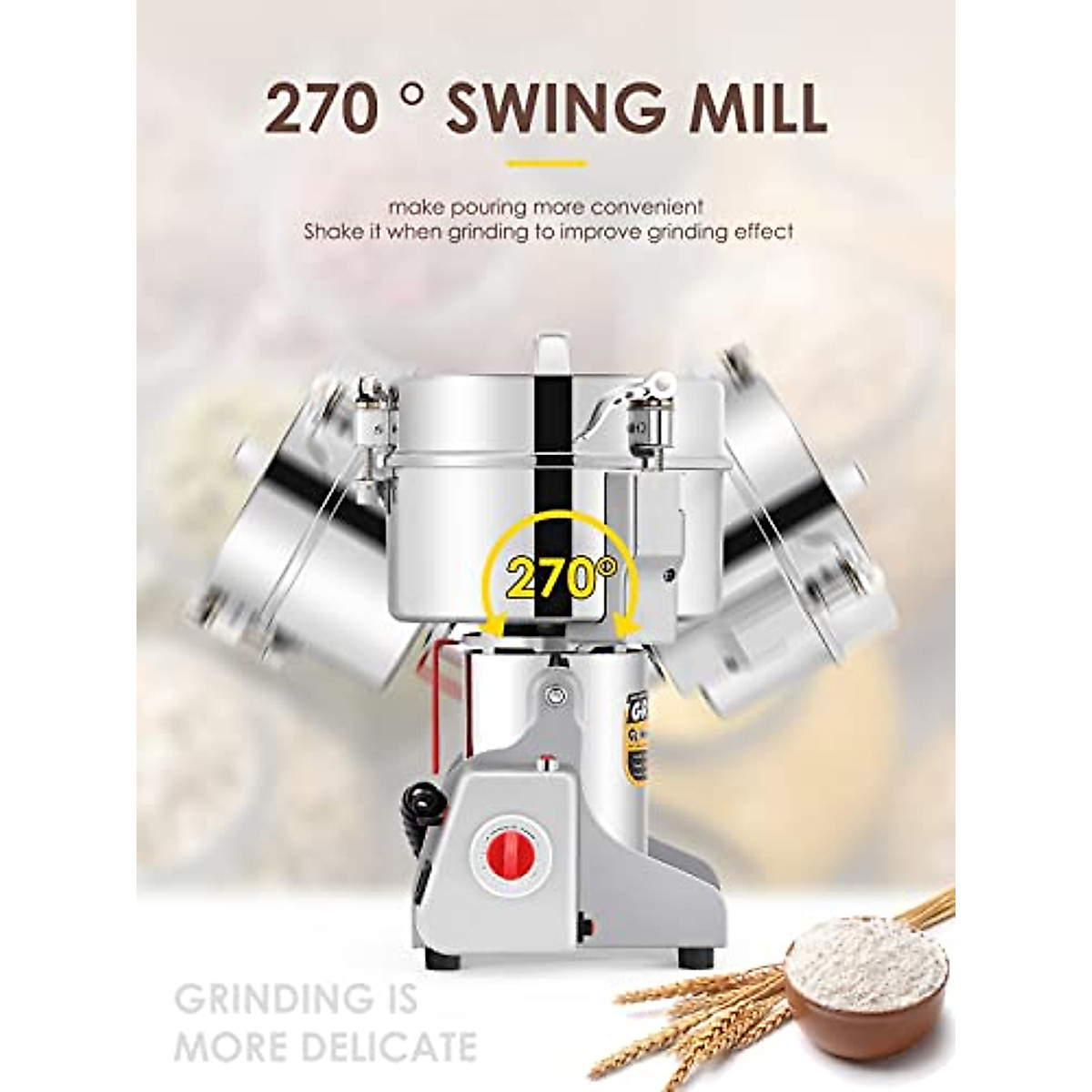 CGOLDENWALL 700g Electric Grain Grinder Mill Safety Upgraded 2400W High-speed Spice Herb Grinder Commercial Superfine Grinding Machine Dry Cereals Pulverizer CE 110V (700g Swing Type)