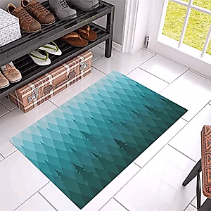 Indoor Door Mat Green Gradient Foggy Tree Forest Non Slip Front Door Welcome Rugs, Geometric Triangle Floor Entrance Doormats for Kitchen Bathroom Living Room Entryway