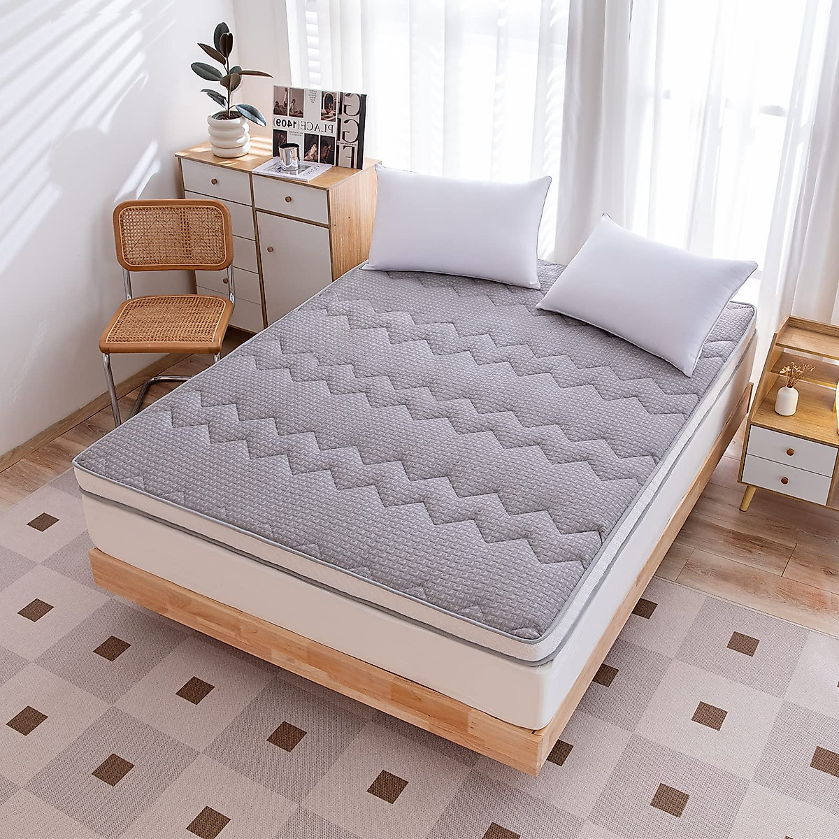 GYK Thicken Memory Foam Mattress Topper,Foldable Camping Road Trip Japanese Floor Futon,Tatami Mat Sleeping Pad,Knitted air Layer Cotton Fabric,Four-Sided Has Breathable Mesh,Cool Sleep