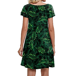 Askyes Womens Summer Spring Dresses Swing T-Shirt Beach Sun Dress Short Sleeve Round Neck Casual Dress,Green Leaf Flower,M