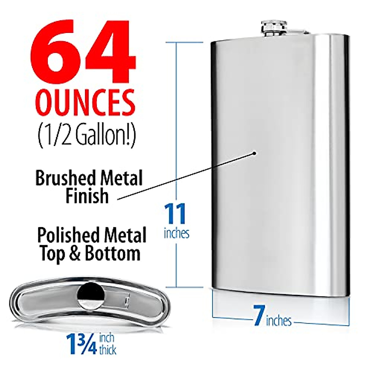 Maxam Jumbo Stainless Steel Flask, Dishwasher Safe Extra Large Drinking Flask, Polished Silver, 64 Ounce Capacity