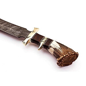 Skokie Knives Damascus Steel hunting Knife Stag Antler Handle with Burl Wood & Brass Guard –15” Handmade Premium Quality Sharp Edge Fix Blade - Genuine Multipurpose Knife – Ideal for Hunting, Camping
