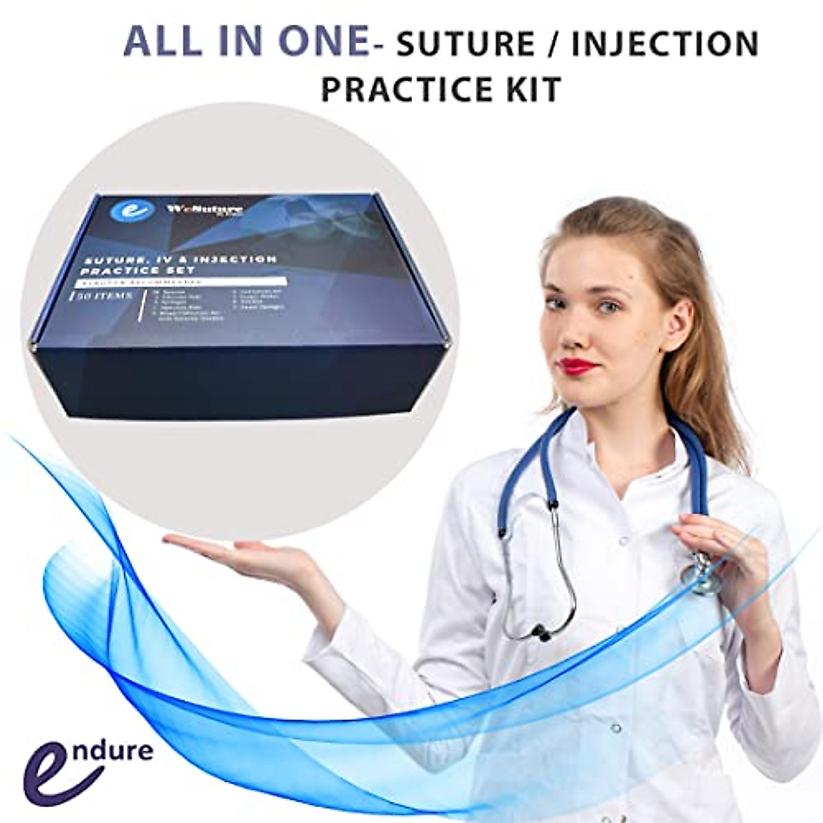 Endure Suture, I/V & Injection Training KIT, 50 Items, Durable Silicone Skin Suturing Pad with Tool Kit - Ideal for Any Medical Student, Veterinarian Students & Nurses. (for Education Only)