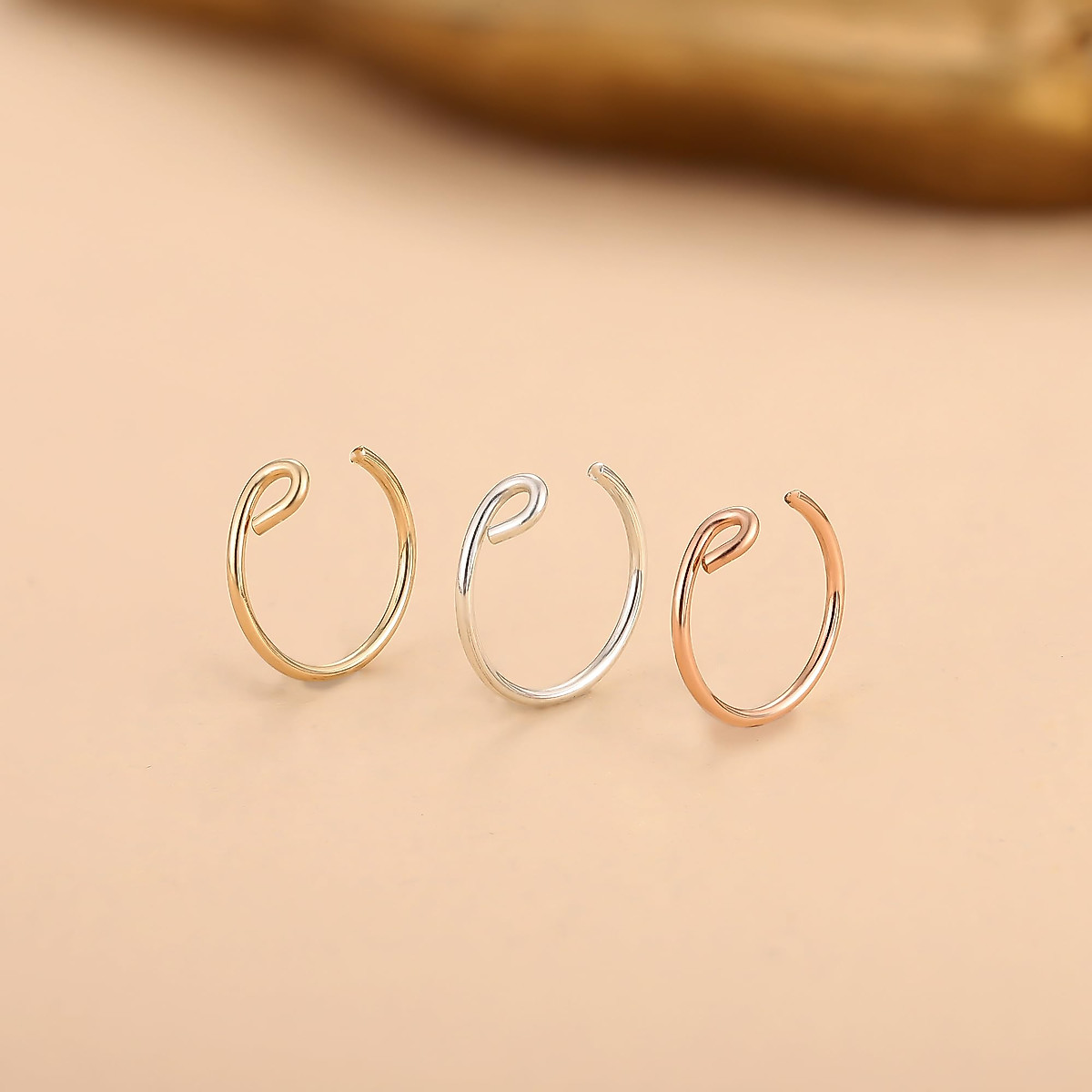 Set of 3 - Fake Clip On Nose Ring Hoop for Women - No Piercing Needed - 22 Gauge - 7mm - Faux Nose Septum Ring - Gold, Sterling Silver, Rose Gold - 22g