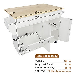 Large Kitchen Island with Drop Leaf,Kitchen Rolling Trash Cabinet Tilt Out 10 Gallon Storage W/2 Drawers,Movable Carts on Wheels with Spice Rack&Towel Rack for Home, Kitchen and Dining Room(White)