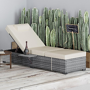 GAOMON Outdoor PE Wicker Patio Chaise Pool Lounge Chairs, Patio Pool Lounge Chairs Set, Rattan Recliners with Adjustable Backrest, Off White Cushions, and Storage Table, Set of 2-White