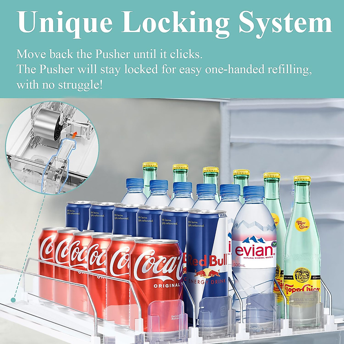 Drink Organizer For Fridge - Fridge Organizers Self Pushing Drink Dispenser, Drink Dispenser for Fridge w/Smooth Spring & Conveyor Belt, Adjustable 6 Can & Can Organizer for Refrigerator, 17.3"D