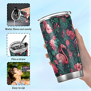 Flamingos with Red Flowers Stainless Steel coffee cups with lids with Lid and Straw coffee mug travel for School, Sports, Daycare, Camp & More cute straw tumbler 20oz vasos para agua gym 20oz