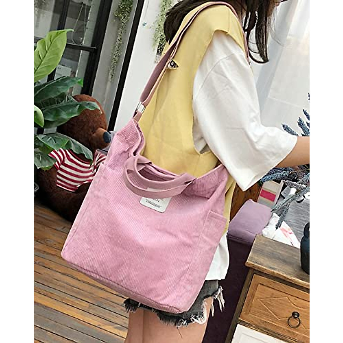 Women's Retro Large Size Canvas Shoulder Bag Corduroy Hobo Crossbody Handbag Casual Tote Purse