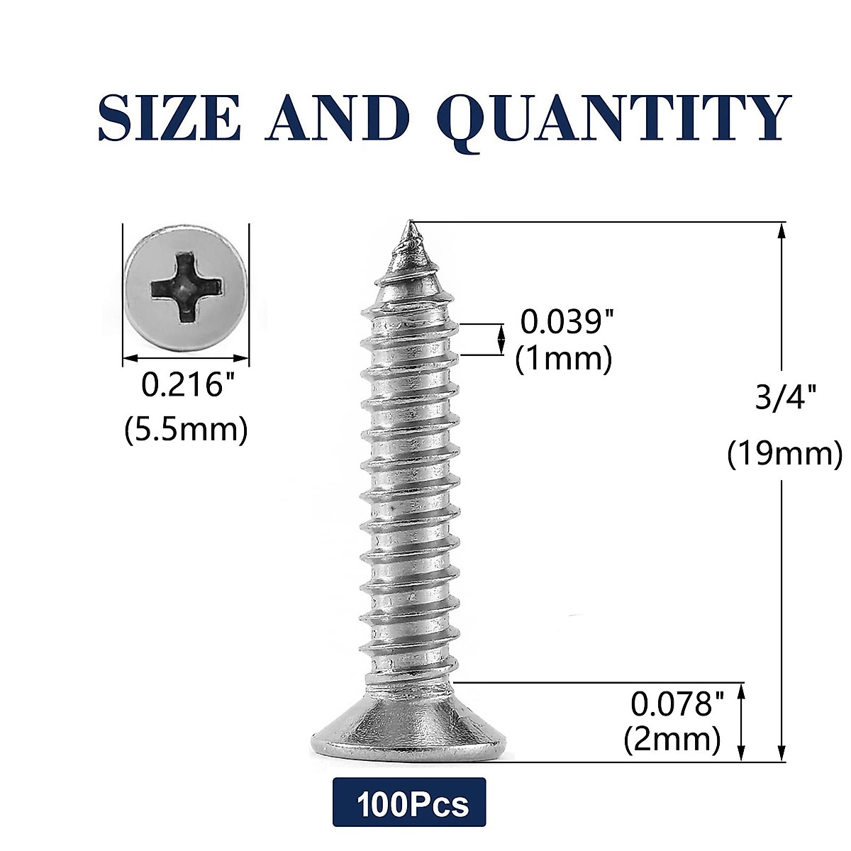 #4 x 3/4" Wood Screw 100Pcs 18-8 (304) Stainless Steel Screws Flat Head Phillips Fast Self Tapping Drywall Screws by SG TZH