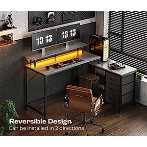Huuger Reversible L Shaped Computer Desk with Drawers, Gaming Desk with LED Lights and Power Outlets, Office Desk with Storage Shelves, Corner Desk with Monitor Stand, for Home & Office, Gray