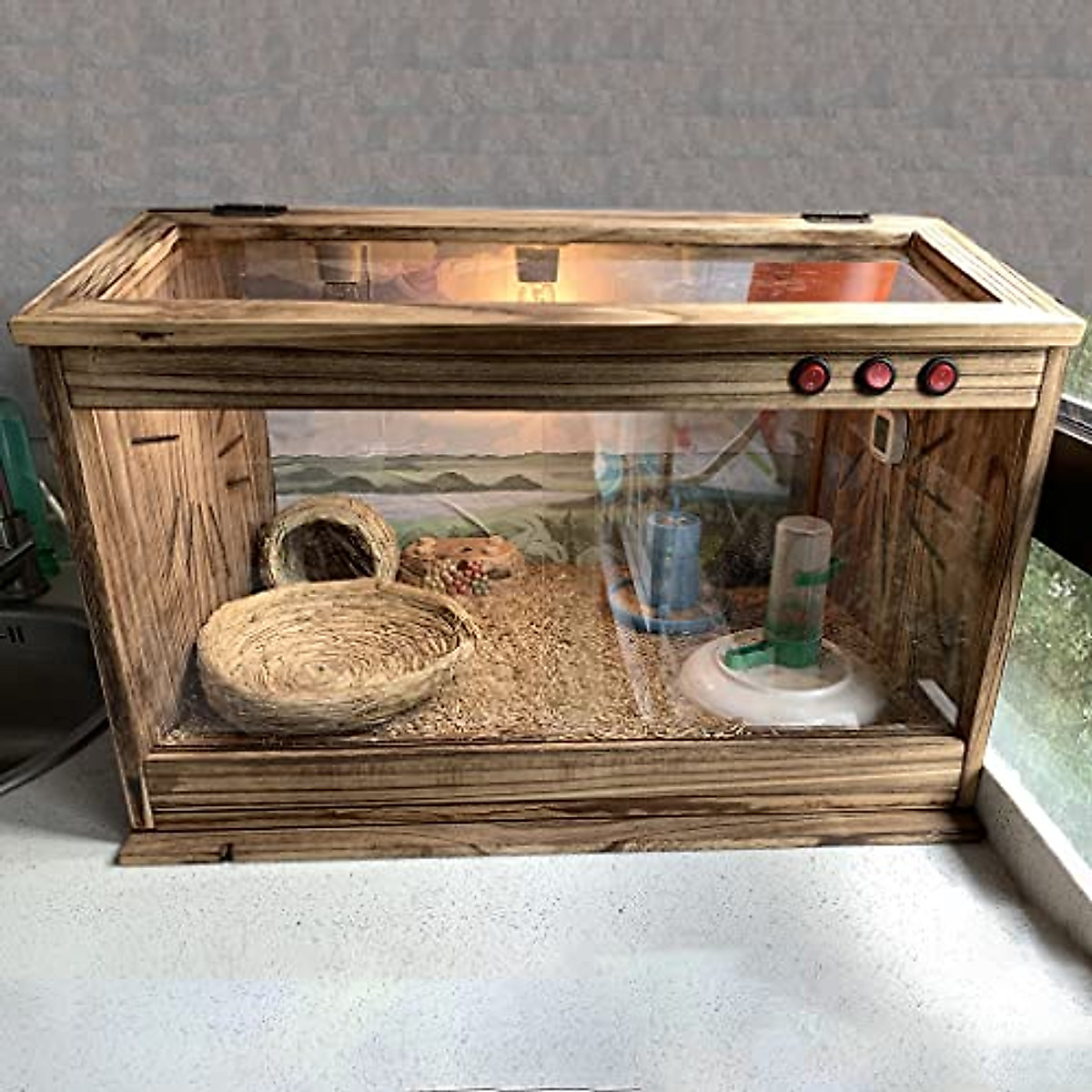 Reptile Wooden Terrarium, Habitat Tank for Lizard Snake Bearded Dragon Hamster, 23.6"x 15.7" Small Animal Enclosure, Transport Box Cage, Front Sliding Door, Sun Roof, Side Screen Ventilation