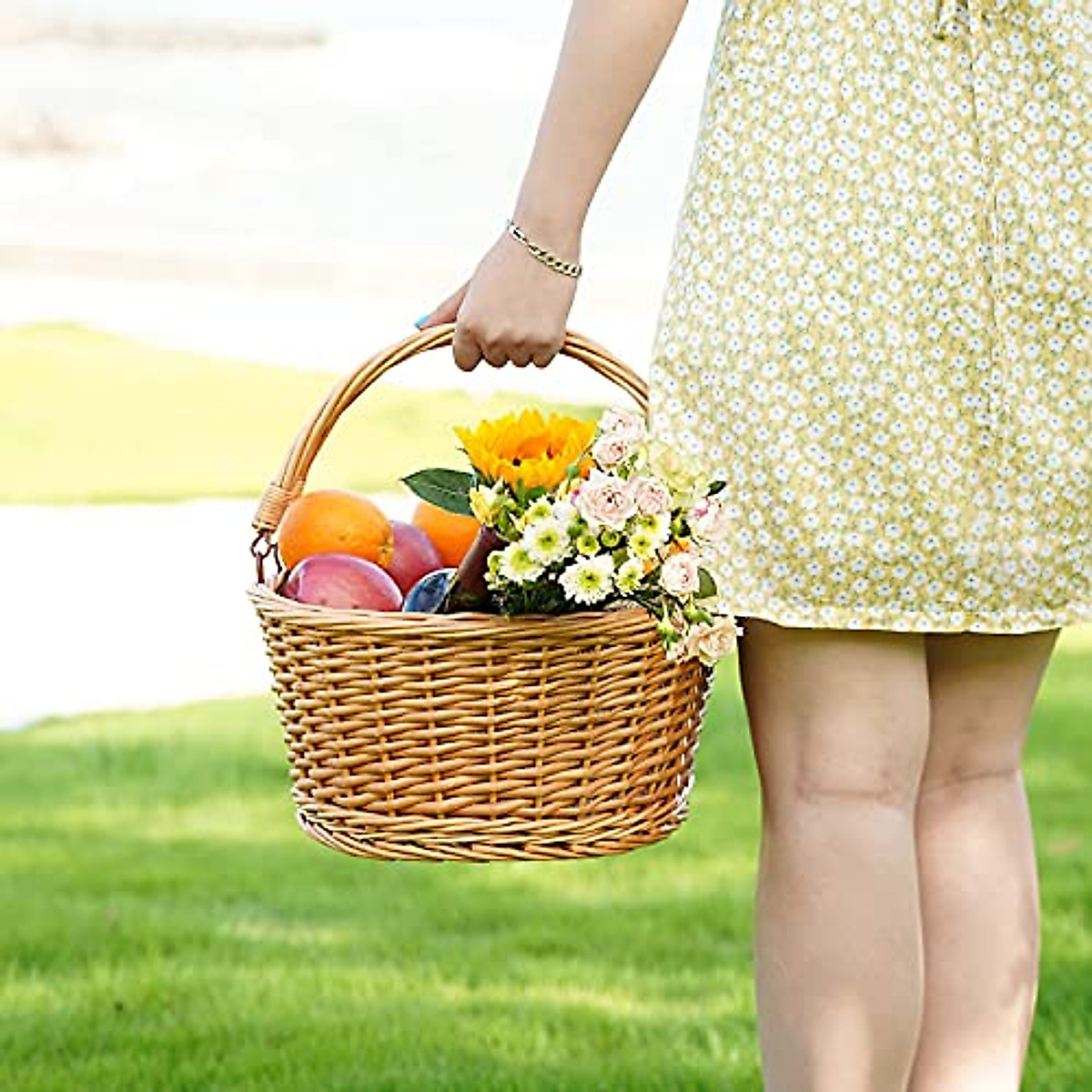 TwentyNext Wicker Picnic Basket with Double Folding Handles, Natural Large Willow Hamper Empty Basket Cheap Easter Eggs Candy Storage Wine Basket for Toy, Flower, Wedding Gifts（Red Stripe L）