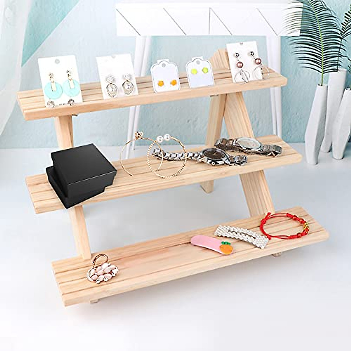 EKDJKK 3 Tier Wooden Cupcake Stand, Earring Display Stands for Selling, Desktop Ladder Plant Stand, Rustic Retail Display Riser Jewelry Holder Stand for Cupcakes, Desserts, Brooch, Bracelet, Tabletop