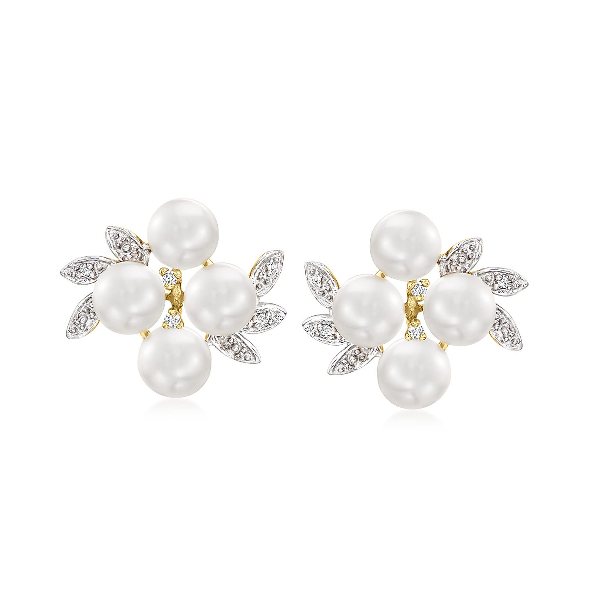 Ross-Simons 5.5-6mm Cultured Pearl Cluster Earrings With Diamond Accents in 14kt Yellow Gold