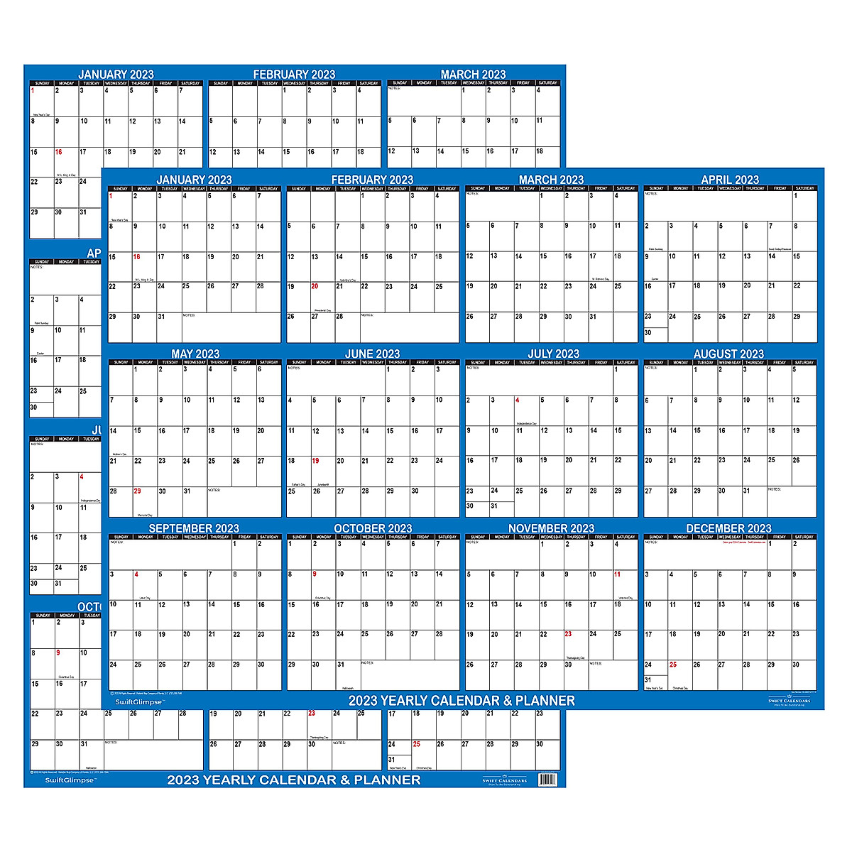 32" x 48" SwiftGlimpse 2023 Wall Calendar Erasable Large XL Wet & Dry Erase Laminated 12 Month Annual Yearly Wall Planner, Reversible, Navy