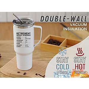 Onebttl Retirement Gifts for Men, Retirement Tumbler for Men 40oz Insulated Travel Cup with Handle, Retired Gifts for Dad, Grandpa, Friends, CoWorker (White, Schedule)