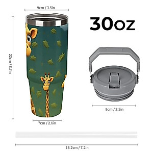 30oz Stainless Steel Insulated Tumbler with Flip Lid & Straw, Leakproof Travel Mug for Car, Cartoon Giraffe Double Wall Vacuum Thermal Coffee Cup with Handle, Spill-Proof Design for Hot/Cold Drinks