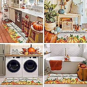 Pauwer Fall Pumpkin Kitchen Rugs Set of 2, Farmhouse Kitchen Floor Mat, Non Slip Anti Fatigue Kitchen Mats for Floor, Waterproof Cushioned Kitchen Runner Rug Set Fall Harvest Thanksgiving Decor