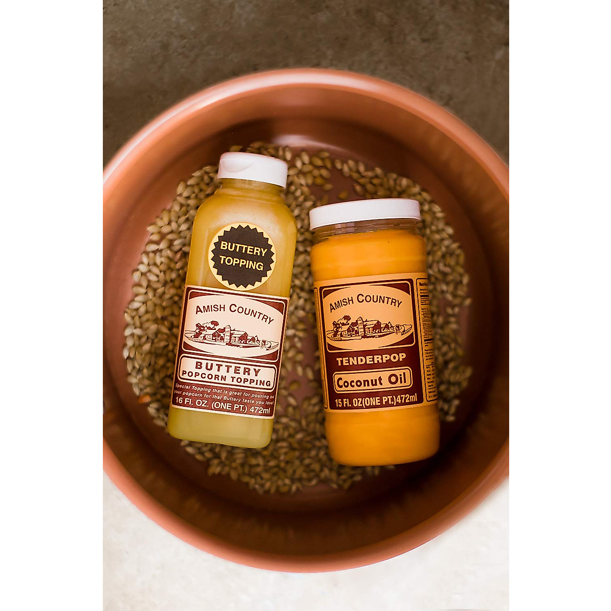 Amish Country Popcorn | Coconut Oil and Buttery Topping Bundle | 15 oz Coconut Oil and 16 oz Buttery Popcorn Topping | Old Fashioned, Non-GMO and Gluten Free