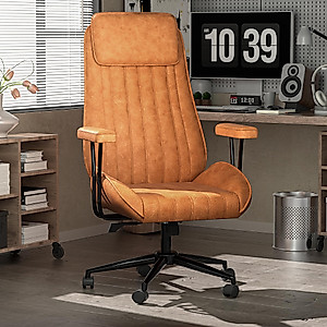 HONIFUR Leather Desk Chair, Vintage Executive Office Chair with Wheels and Arms, Height Adjustable Mid Century Desk Chair (Brown)