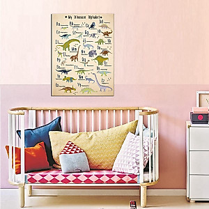 Cute Animal Dinosaur Alphabet Kid Educational Chart Boys Room Canvas Wall Art for Nursery Kids Children Play Room Wall Decor Retro Parchment paper Style Framed 12x16inch