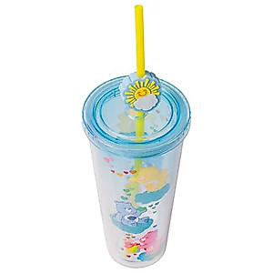 Silver Buffalo Care Bears Featuring Funshine Bear, Grumpy Bear, and Love-a-Lot Bear Glitter Plastic Cold Cup with Lid and Straw Topper, 24 Ounces