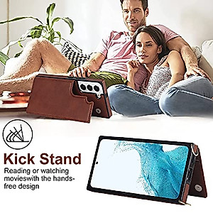 DEFBSC Compatible with Samsung Galaxy S22 Plus Case, Crossbody Wallet Case, Adjustable Detachable Lanyard Neck Strap with Kickstand Leather Card Holder Protective Cover-Brown