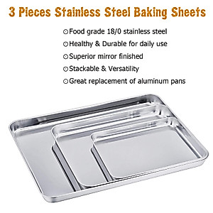 TeamFar Baking Sheet Set of 3, Stainless Steel Cookie Sheet Baking Tray Pan, Healthy & Non Toxic, Mirror Finish & Rust Free, Easy Clean & Dishwasher Safe