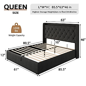 iPormis Queen Size Lift Up Storage Bed Frame with Charging Station, Upholstered Platform Bed Frame with Tufted Headboard, Hydraulic Storage, No Box Spring Needed, Noise-Free, Easy Assembly, Dark Grey