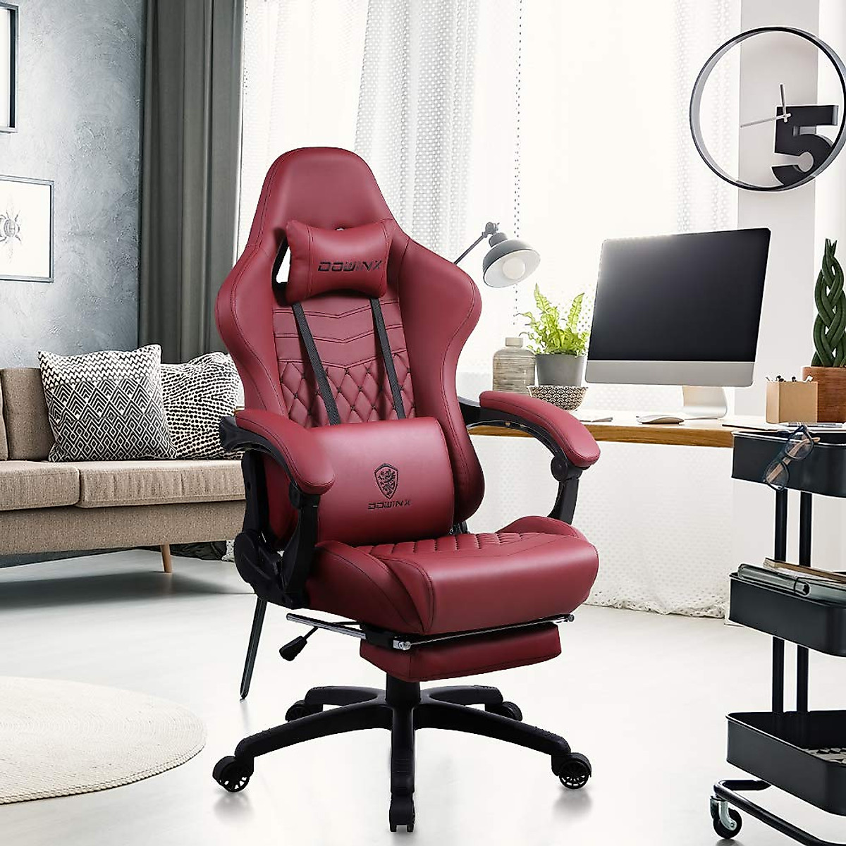 Dowinx Gaming Chair Office Desk Chair with Massage Lumbar Support, Vintage Style Armchair PU Leather E-Sports Gamer Chairs with Retractable Footrest (Red)