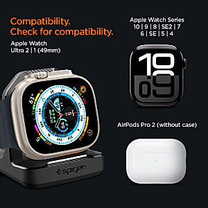 Spigen Rugged Armor Stand Designed for Apple Watch Charger Stand Compatible with Ultra 2/1 49mm, Series 10 46/42mm, 9/8/7 45/41mm, SE2/SE/6/5/4 44/40mm Durable TPU with Non-Slip Stable Base - Black