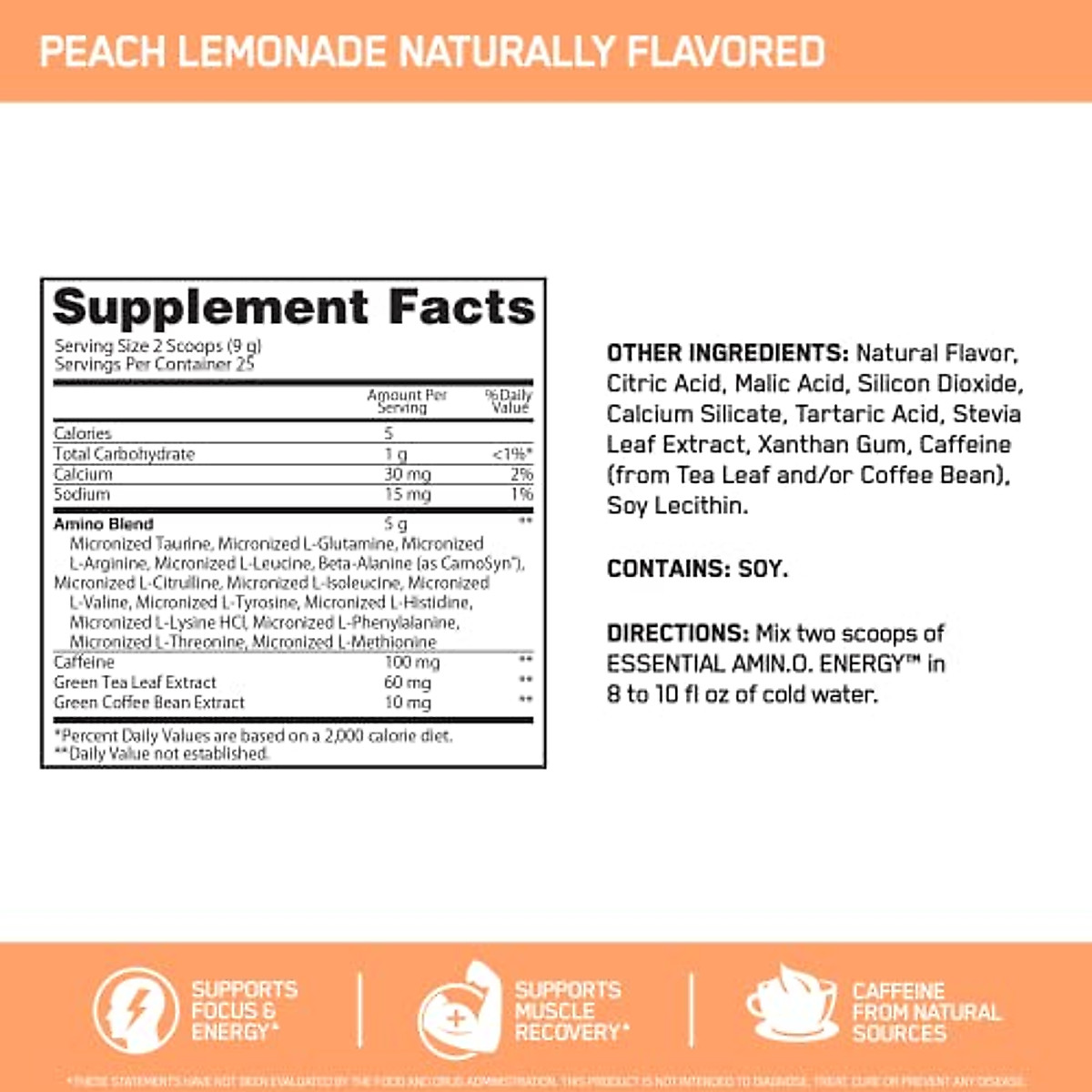 Optimum Nutrition Amino Energy Naturally Flavored Powder, Pre Workout, BCAAs, Amino Acids, Keto Friendly, Green Tea Extract, Energy Powder - Peach Lemonade, 25 Servings