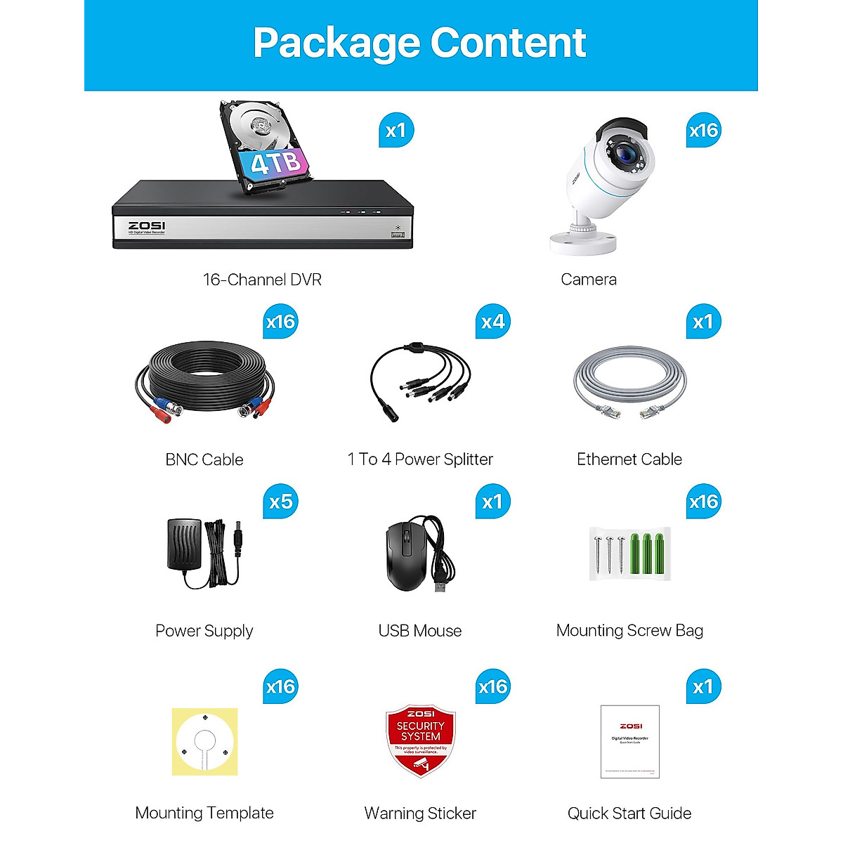 ZOSI H.265+ 16CH Security Camera System with AI Human Vehicle Detection, 16CH DVR with 4TB HDD for 7/24 record, 16 x 1080p CCTV Camera Outdoor Indoor with 80ft Night Vision°Wide Angle, 90°Wide Angle