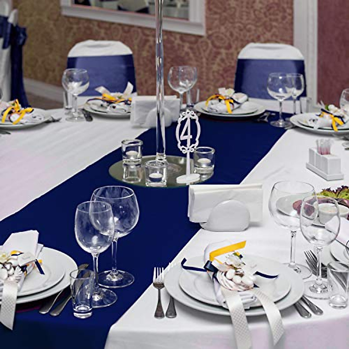 ANECO 4 Pack Satin Table Runner 12 x 108 Inch Long Bright Silk and Smooth Fabric Party Table Runner for Wedding Banquet Party Decoration- Navy Blue