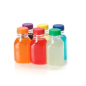(6) 8 oz. Clear Food Grade Square Plastic Juice Bottles with 6 Different Colored Tamper Evident Caps 6/pack