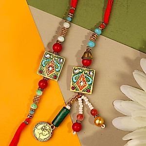 IndoTribe, Rakhi For Brother with Gift Set - Set of 2, Rakhi For Brother with Card, Roli Chawal | Rakhi for Brother and Bhabhi | Lumba Rakhi For Brother | Bhaiya Bhabhi Rakhi | Raksha Bandhan Rakhi