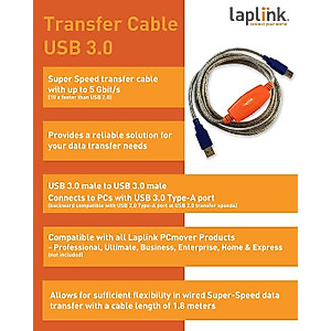 LAPLINK USB 3.0 Super-Speed Transfer Cable, to use with PCmover Migration Software (not Included), Super-Speed Data Transfers up to 5 Gbps, 6 ft.