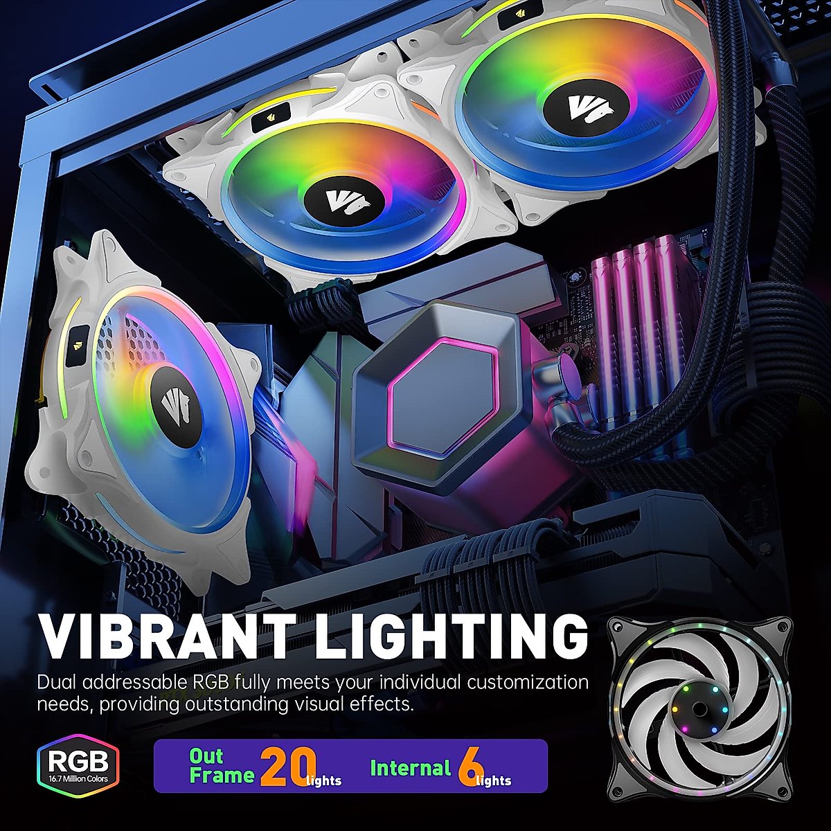 AsiaHorse FS-9002 Pro 120mm RGB Case Fan, 26 LED ARGB and Double LED Lingting Loops, 800-1800rpm Pwm Case Fan with 5V PWM Motherboard Sync/Analog Controller (3 Pack, White)