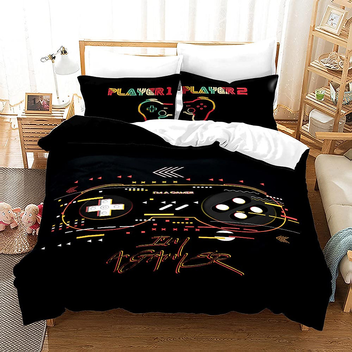 OUJIE 3D Modern Video Game Controller Bedding Set 200 x 200 cm Single Person Graffiti Black Duvet Cover Creative Gamer Gamepad Zip Closure with 2 Pillowcases for Bedroom Decoration
