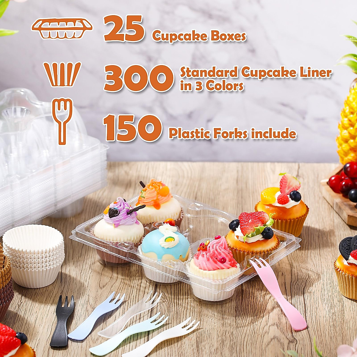 Uiifan 25 Pcs x 6 Counts Stackable Cupcake Carrier Holders with 300 Cupcake Liners and 150 Spoons, Plastic Cupcake Boxes for 6 Cupcakes Clear Disposable Container with Detachable Tall Dome Lid