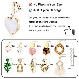 LOLIAS 11Pairs Clip On Earrings for Women,Bohemian Statement Earrings Geometric Rattan Tassel Hoop Heart Pearl Dangle Earrings Palm Leaf Dangle Earrings Tropical Clipon Earrings Non Piercing